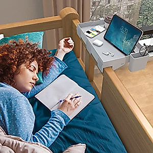 Ronlap Folding Bedside Shelf, Bunk Bed Shelf Organizer for Top Bunk Clip On Nightstand Plastic Bedside Shelf Tray for College Dorm Kids with Cupholder Hooks Hanging Cup, Small Size with Drawer, Grey