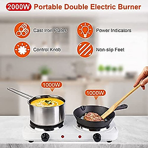 TeqHome Hot Plate, 2000W Portable Induction Cooktop Double Burner with Dual Control & 5 Level Temperature Control, Easy to Clean, Lightweight Cast Iron Electric Stove for Kitchen Camping Cooking, 110V
