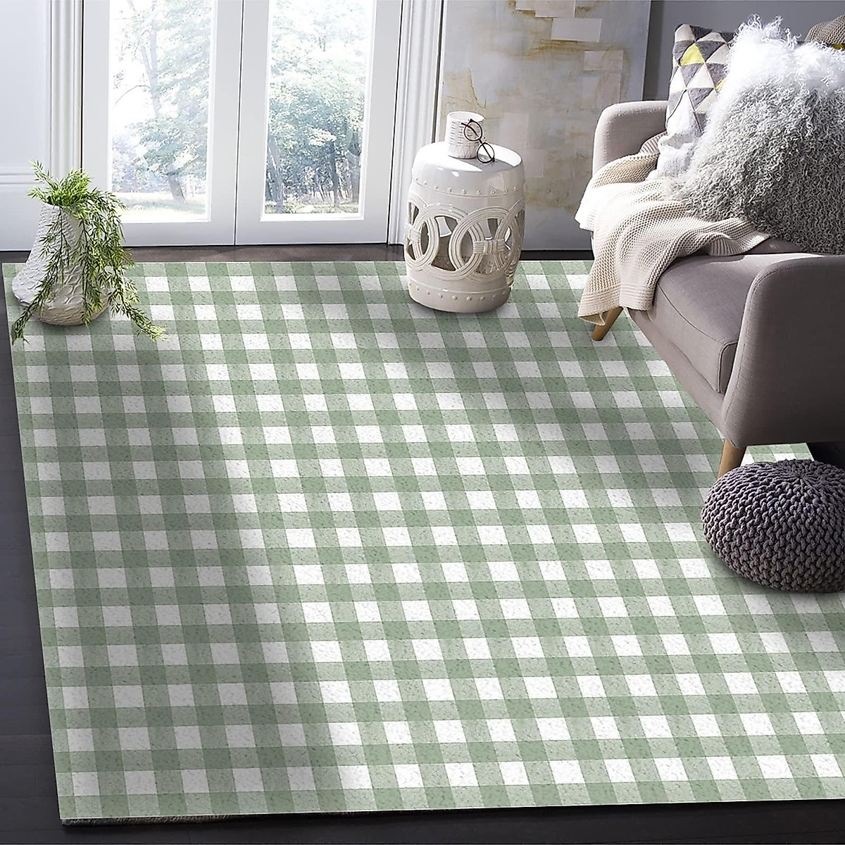 SRAELO Sage Green Buffalo Plaid Area Rug, Farmhouse Green White Geometric Plaid Washable Rugs, with Anti-Slip Backing Indoor Large Carpet for Living Room Bedroom Study Dining Room-3x4ft, Style-17