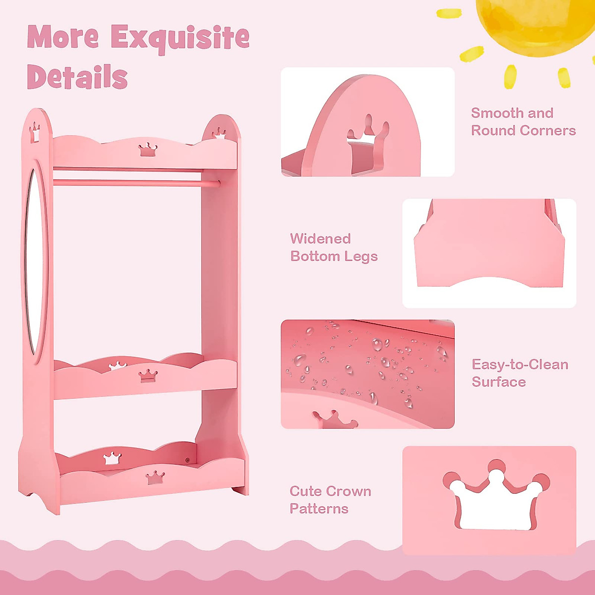 Costzon Kids Dress up Storage Wardrobe, Toddler Armoire Dresser Wardrobe w/Mirror & Cloth Hanger, Cute Crown Patterns, Pretend Costume Closet Toy Organizer, Perfect for Kids Bedroom, Playroom (Pink)