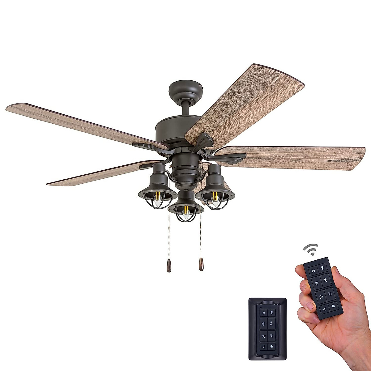 Prominence Home Sivan, 52 Inch Farmhouse LED Ceiling Fan with Light, Pull Chain, Three Mounting Options, 5 Dual Finish Blades, Reversible Motor - 50651-01 (Bronze)
