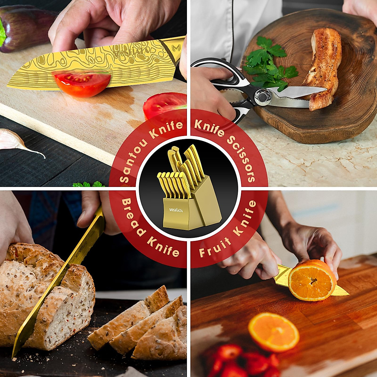 MOSFiATA Kitchen Knife Set, 17 Pcs Japanese Stainless Steel Knife Sets for Kitchen with Block with Knife Sharpening Rod, Dishwasher Safe, Gift Set,Titanium Plated Knife Block Set