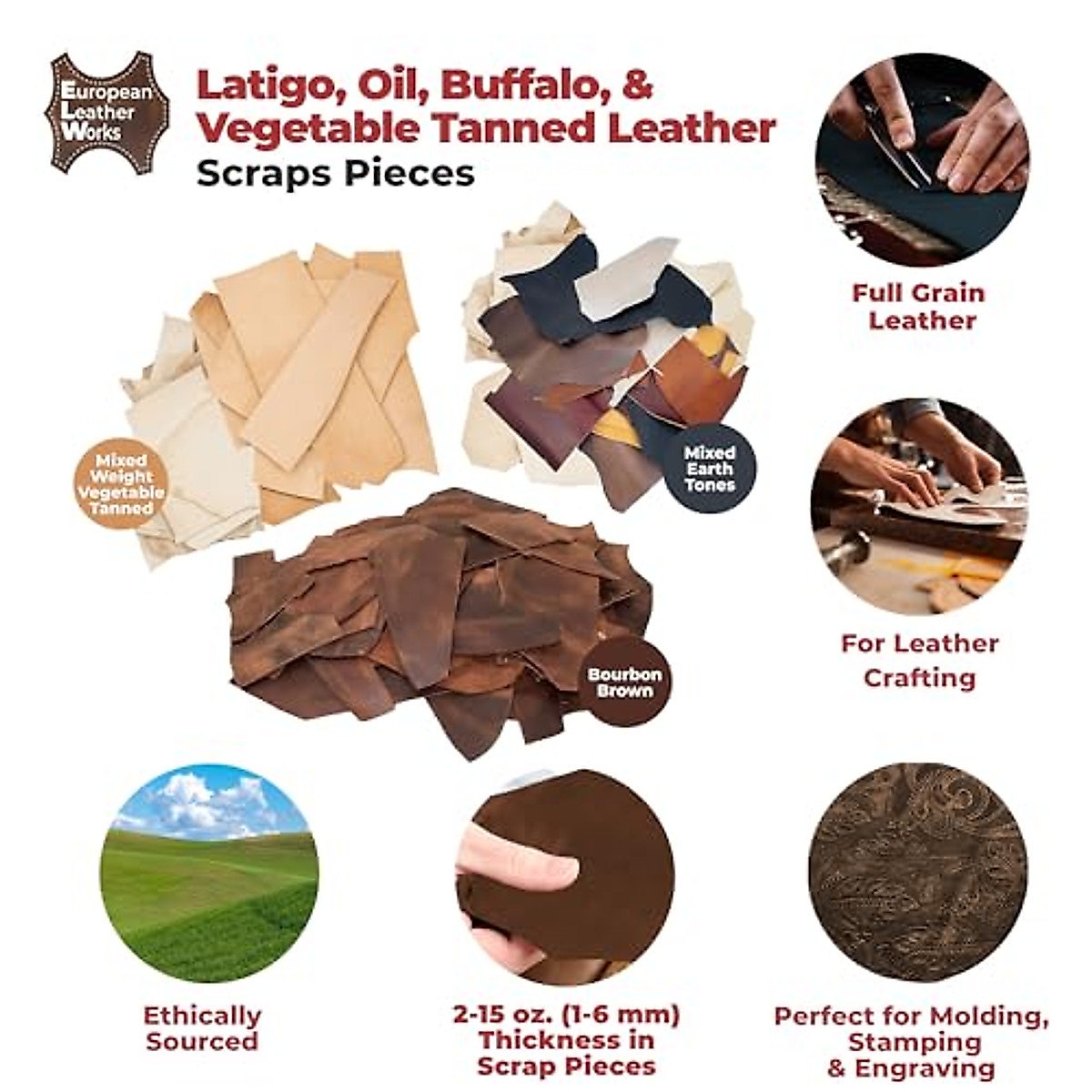 ELW 2-10 oz (.8-4mm) Thickness, 2 LB Vegetable Tanned Leather Scraps, Mixed Weight, Cowhide Remnants Full Grain Leather for Tooling, Holsters, Knife Sheath, Carving, Embossing, Stamping