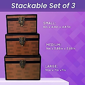 Blue Orchards Pixel Treasure Chest Paperboard Boxes (Set of 3), Decoration for Video Gamers, Birthday Parties, Mining Fun, Storage or Display