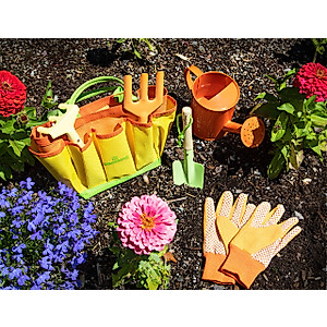 Kinderific Gardening Set, Tool Kit, for Kids, STEM, Includes Tote Bag, Spade, Watering Can, Rake, Fork, Trowel and Gloves (Pale Yellow)