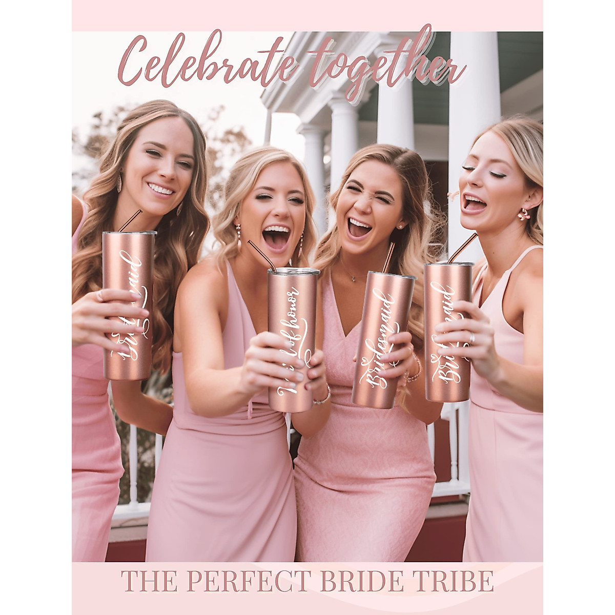 Onebttl Bridesmaid Gifts, Insulated Stainless Steel Tumblers with Lids and Straws, Maid of Honor Proposal Gifts, Bride Tribe, Bridal Party Gifts, 20 oz, Rose gold - Maid of Honor