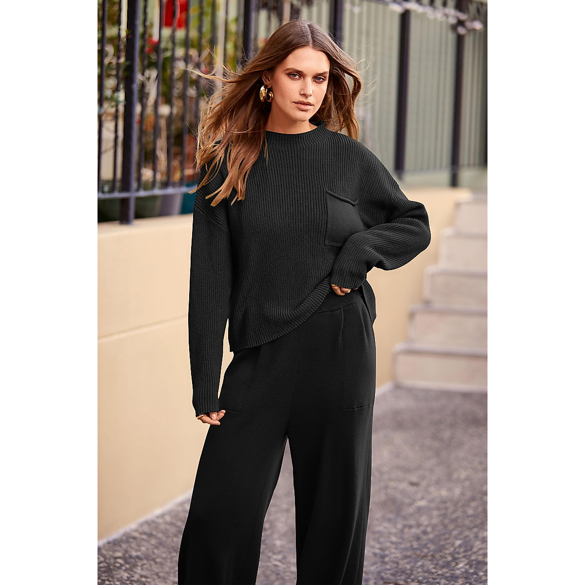 PRETTYGARDEN Women's Winter 2 Piece Sweater Set Casual Pullover Top High Waisted Sweatpants Tracksuit Lounge Outfits (Black,Medium)