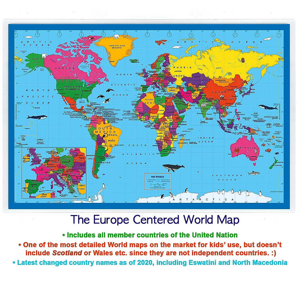 Natural Learning Children's Placemat (2 Placemats: USA/Europe Centered World Map; Alphabet/Colors and Numbers/Shapes 4-in-1)
