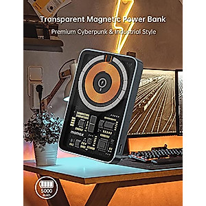 MOMAX Magnetic Wireless Portable Charger, Transparent Battery Pack with Stand, Foldable 5000 mAh Magnetic Wireless Power Bank and USB-C for iPhone 14/13/12 Series, Magnetic Portable Charger for iPhone