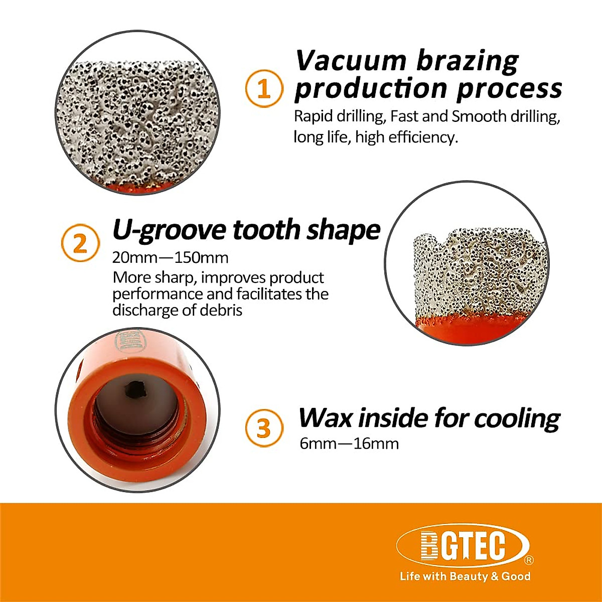 BGTEC 6pcs Dry Diamond Core Drill Bits Set for Porcelain Tile Ceramic Marble Brick Hole Saw Mixed 6/8/10/25/35/50MM