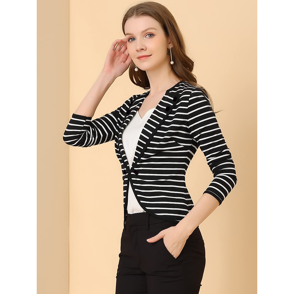 Allegra K Women's Notched Lapel Casual Work Office Striped Blazer X-Small Black
