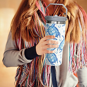 Sea Turtle Gift Tumbler with Handle and Straw, Stainless Steel Vacuum Insulated Flip Straw 30 oz Sea Turtle Tumbler Spill Proof Coffee Travel Mug Sea Turtle Gifts for Women