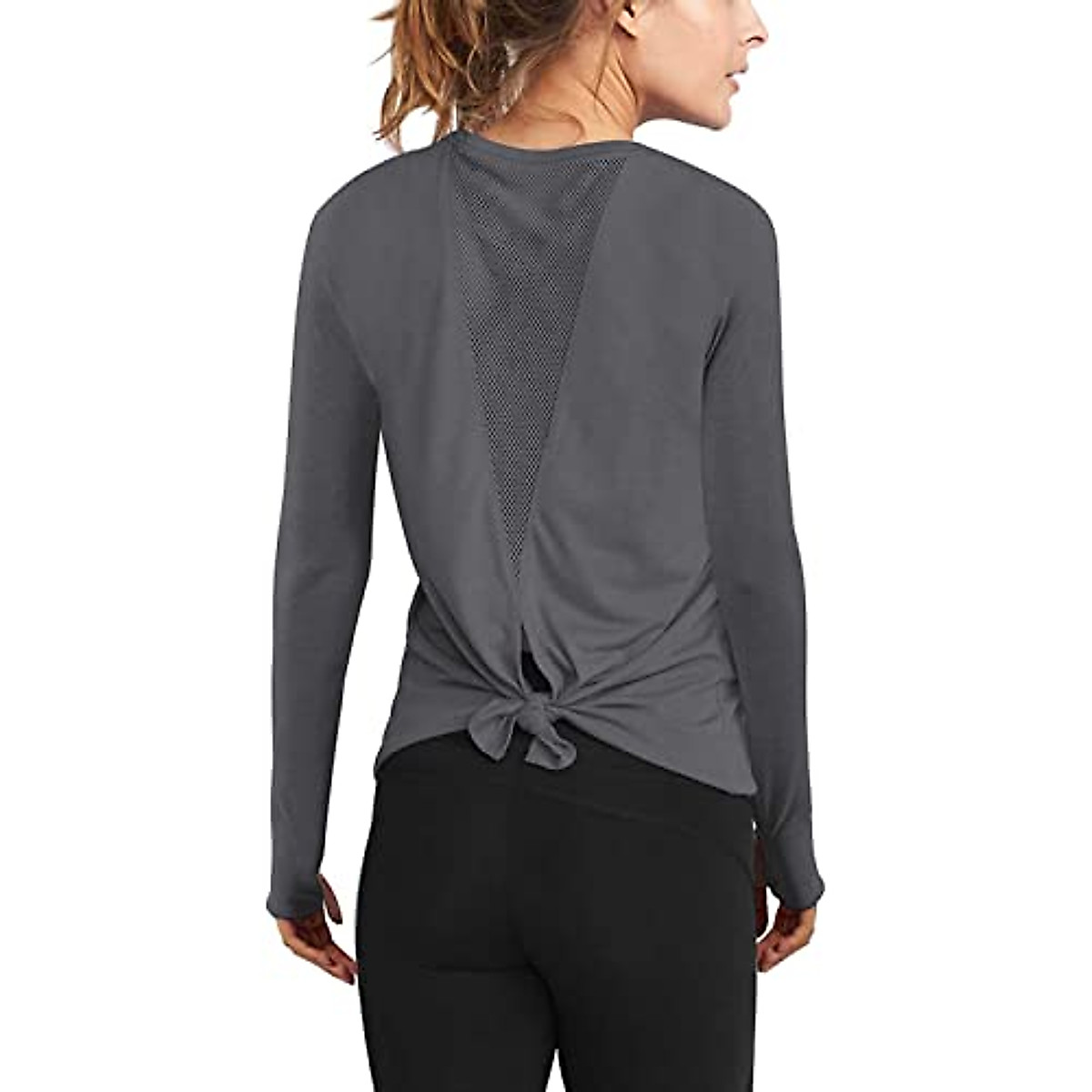 Mippo Long Sleeve Yoga Tops for Women Open Back Workout Shirts Gym Tops Running Athletic Shirts Workout Clothes Deep Gray M