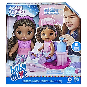 Baby Alive Sudsy Styling Doll, Black Hair, Includes 12-Inch, Salon Chair, Toys for 3 Year Old Girls and Boys and Up