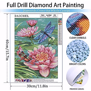 DAICHEL Lotus Diamond Art Painting Kits for Adults - Full Drill Diamond Dots Paintings for Beginners, Dragonfly Round 5D Paint with Diamonds Pictures Gem Art Painting Kits DIY Adult Crafts 12x16inch