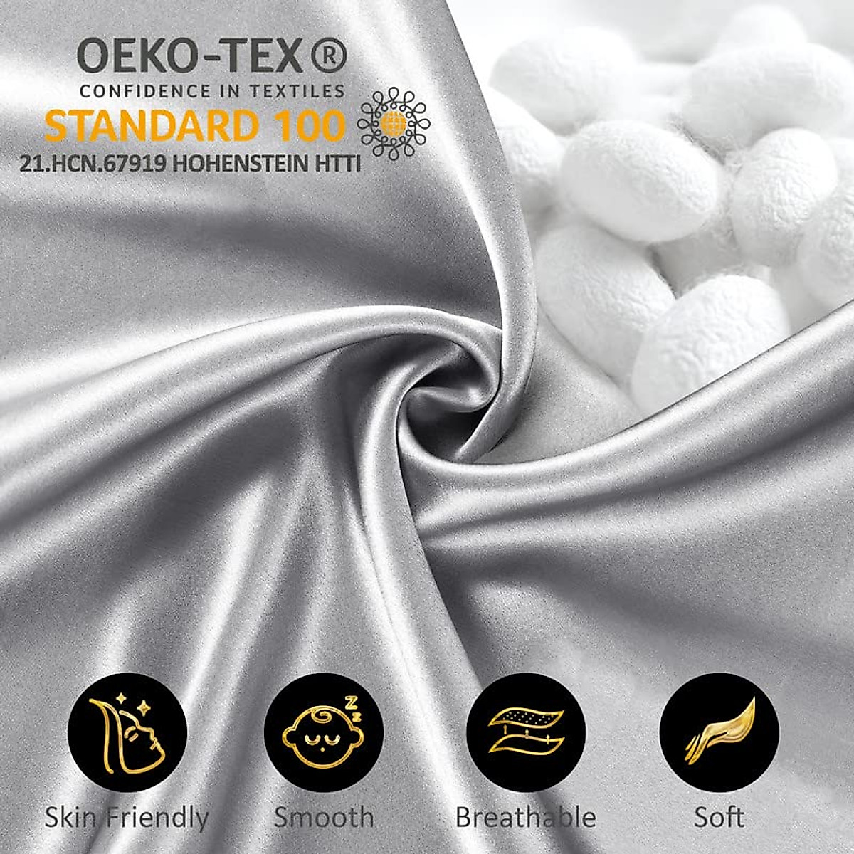 Powsure 100% Mulberry Silk Pillowcase for Hair and Skin - Standard 20"x26" - Silver Grey Zippered 22 Momme Pure Silk Pillow Cases Soft Pillow Covers (Pack of Pillowcase - Eye Mask)