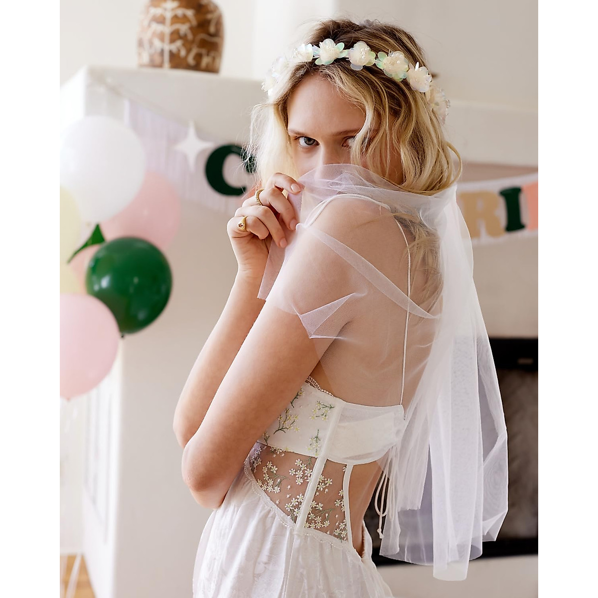 xo, Fetti Bachelorette Party Flower Hair Crown Veil - Iridescent | Boho Bach Party Accessory, Bride To Be Floral Headband Decorations, White Headpiece Bridal Shower Gift, Engagement