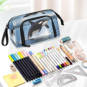 Emelivor Orca Whale with Ocean Pencil Case Large Capacity Pencil Pouch Bag with Compartmens Pen Bag Case with Zipper Stationery Bag Pencil Organizer for School Office Men Women Adults