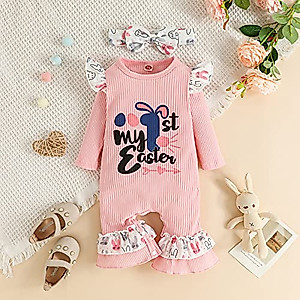 ZIMBRO Baby Girl Easter Outfit Bunny Print Romper My 1st/First Easter Letter Jumpsuit Long Sleeve Bodysuit Headband (Pink,0-3 Months)