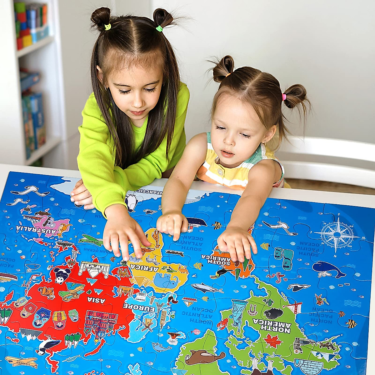 Jumbo Floor Puzzle for Kids,World Map Puzzle Jigsaw Geography Puzzles,48 Piece Globe Atlas Puzzle with Continents,United States Puzzle for Ages 3-5,Preschool Learning Toys Gift for 4-8 Years Old