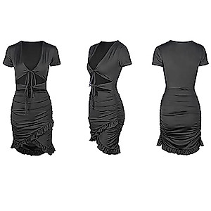 CofeeMO Bravetoshop Womens Sexy Bodycon Short Sleeve Cut Out Ruched Dresses Elegant Club Party Mini Dress Y2K Streetwear (Black,M)