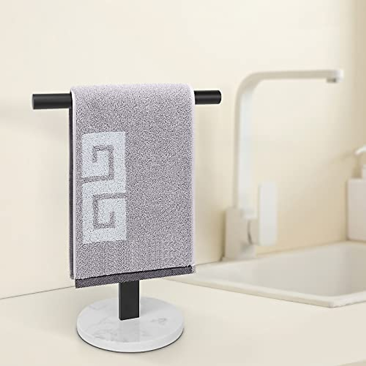 NearMoon T-Shape Hand Towel Holder-Bathroom Towel Rack-Stand with Balanced Base Towel Bar for Bathroom Kitchen Vanity Countertop, Modern Stand Towel Ring (Marble Base, Black)