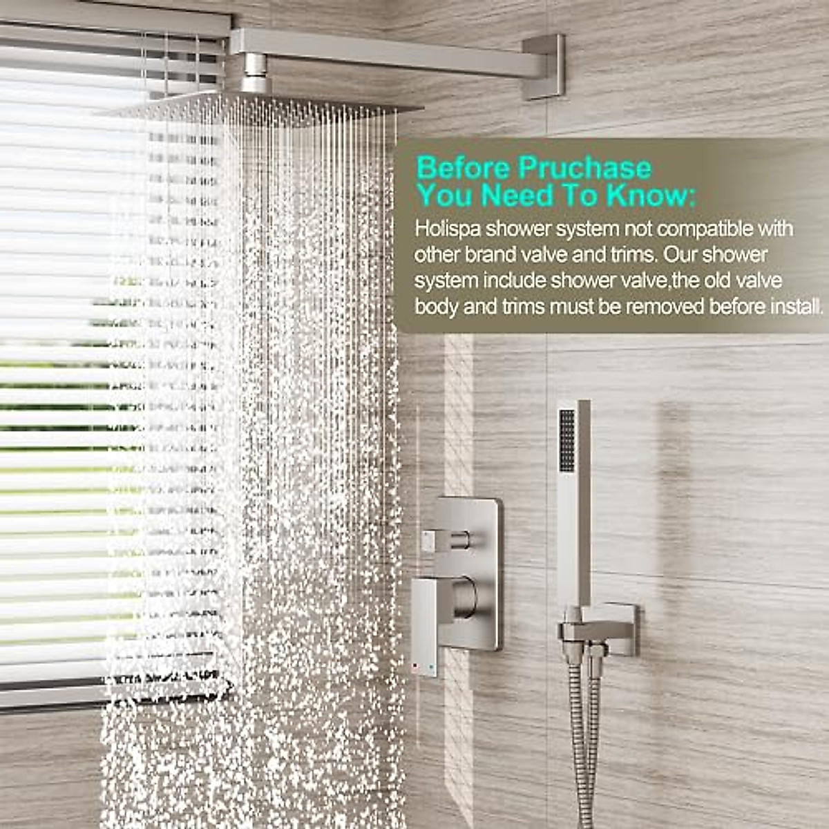 Holispa Brushed Nickel Shower System, Shower Faucet Set with 10-Inch Rain Shower Head and Handheld, Wall Mounted High Pressure Shower Head Combo Set with Shower Valve and Shower Trim, Brushed Nickel
