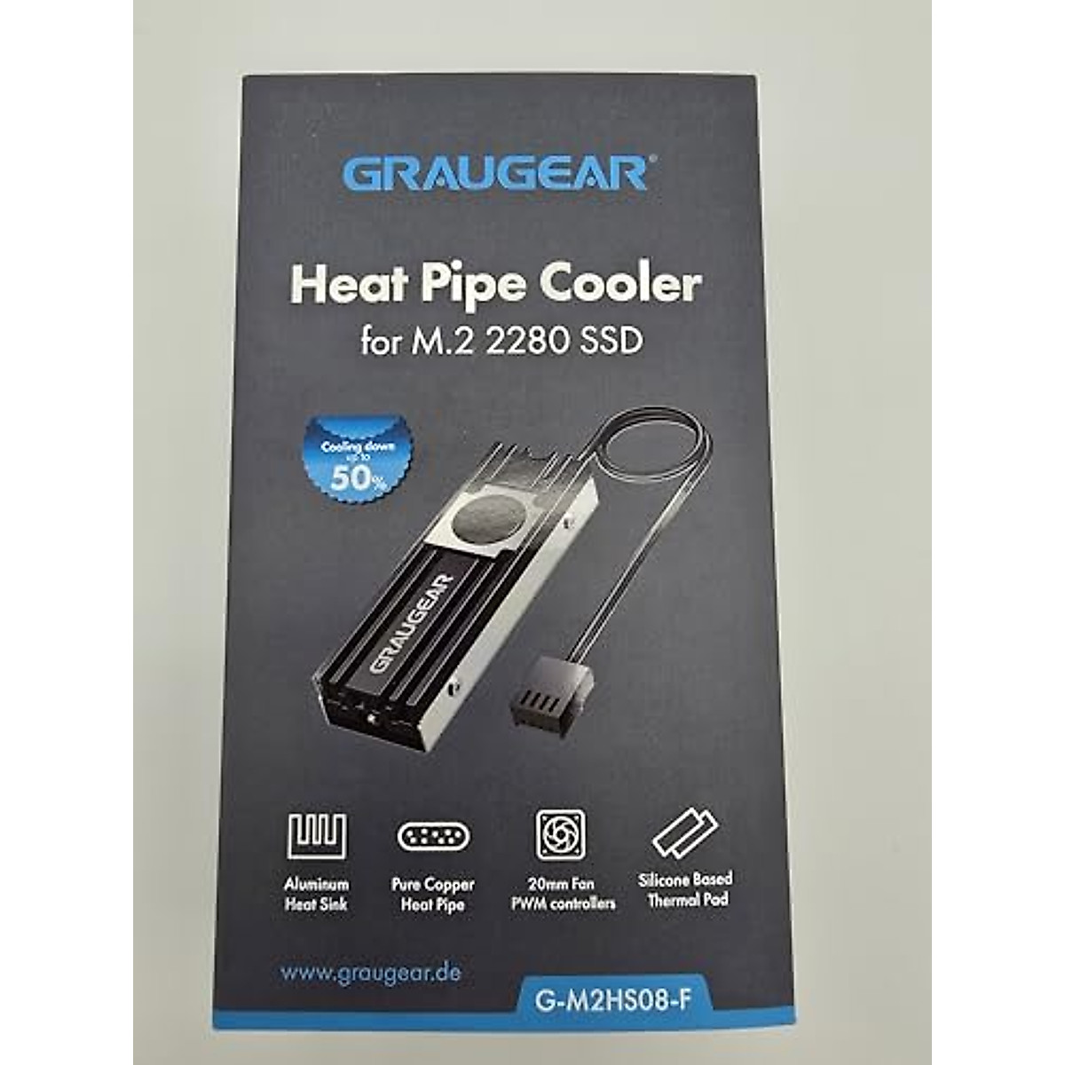 GRAUGEAR M.2 2280 SSD Heatsink, Direct-Touch Heat of Copper Heat Pipe, 20mm Built-in Cooling Fan, Aluminum Plate-Fin Design, Thermal Pads incl. Cooler for M.2 NVMe/SATA [G-M2HS08-F]