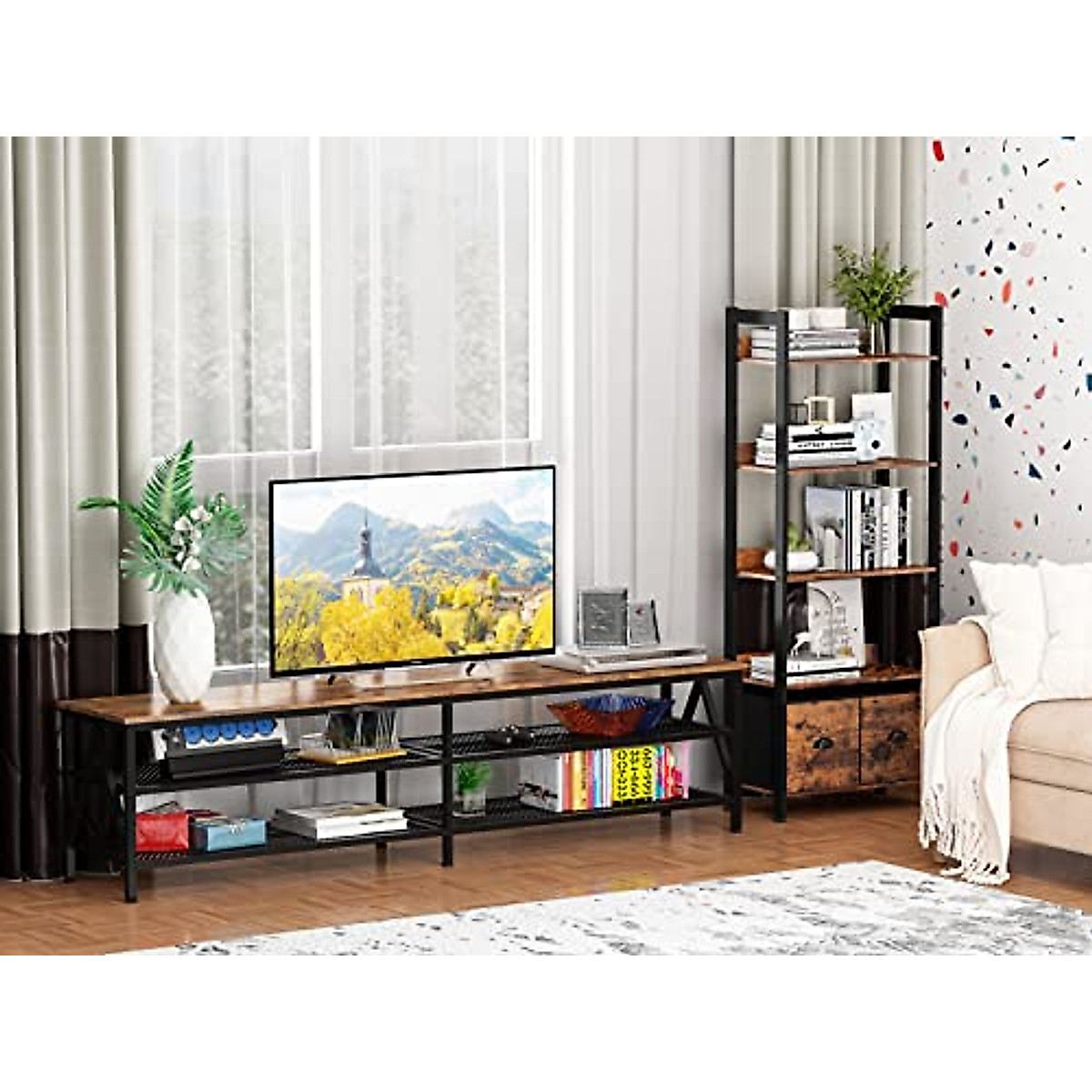 Furologee TV Stand with 3-Tier Open Storage Shelves and 6-Tier Bookshelf, Tall Rustic Bookcase with 2 Drawers Storage Organizer,