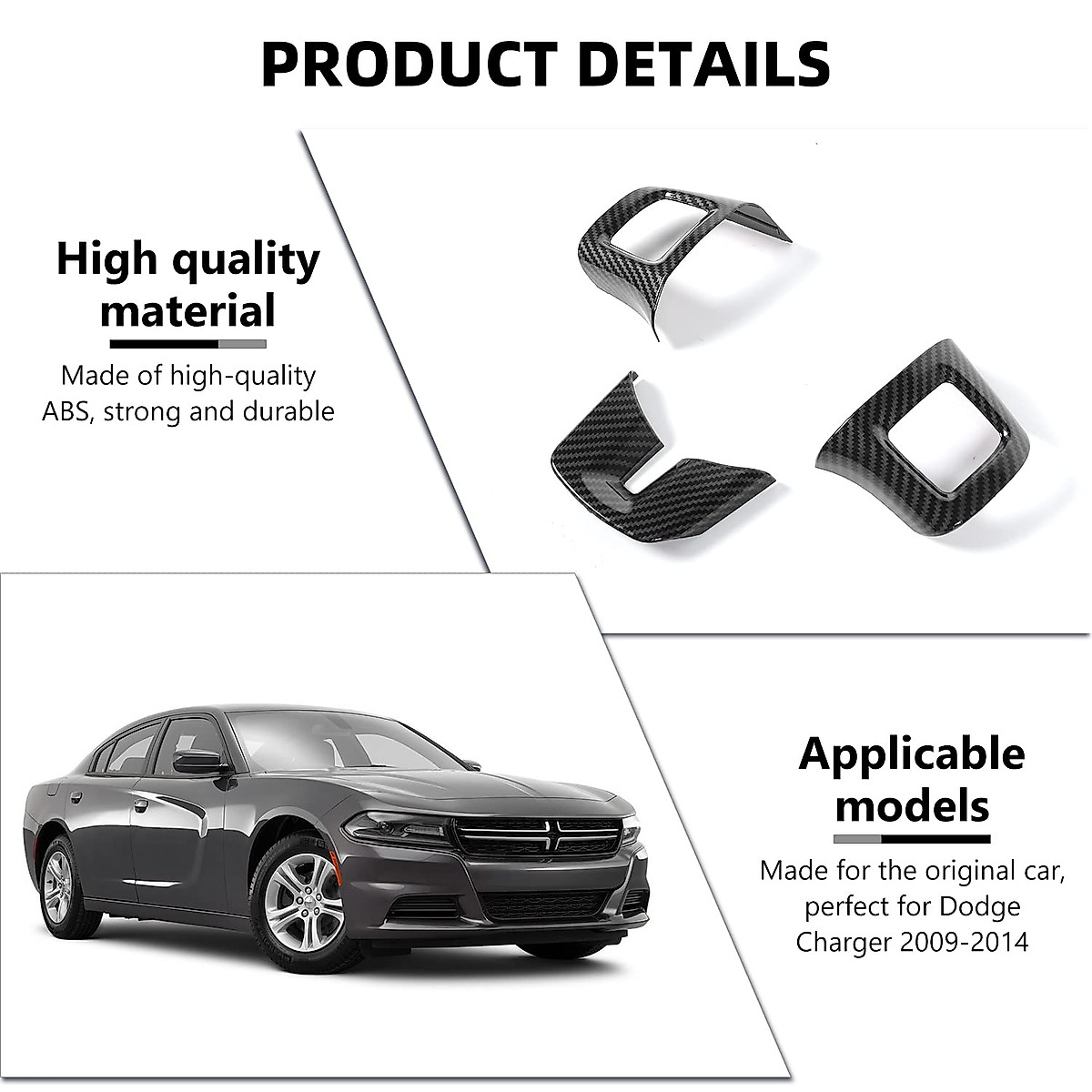 RAZPOY Steering Wheel Trim, Steering Wheel Cover Interior Decoration Accessories Compatible with 2009-2014 Dodge Challenger/Charger/War Horse/Durango//Dart/Journey Coolway 2013-2022 (Carbon Fiber)