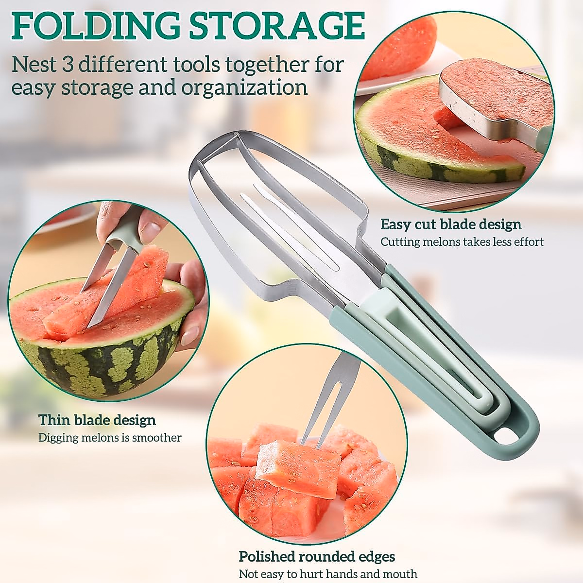 Generic 3-in-1 Watermelon Fork Slicer Cutter,Watermelon Cutter Slicer Tool, Stainless Steel Watermelon Popsicle Cutter Tool,Melon Cutter Knife Portability Fruit Fork for Camping Kitchen Gadgets
