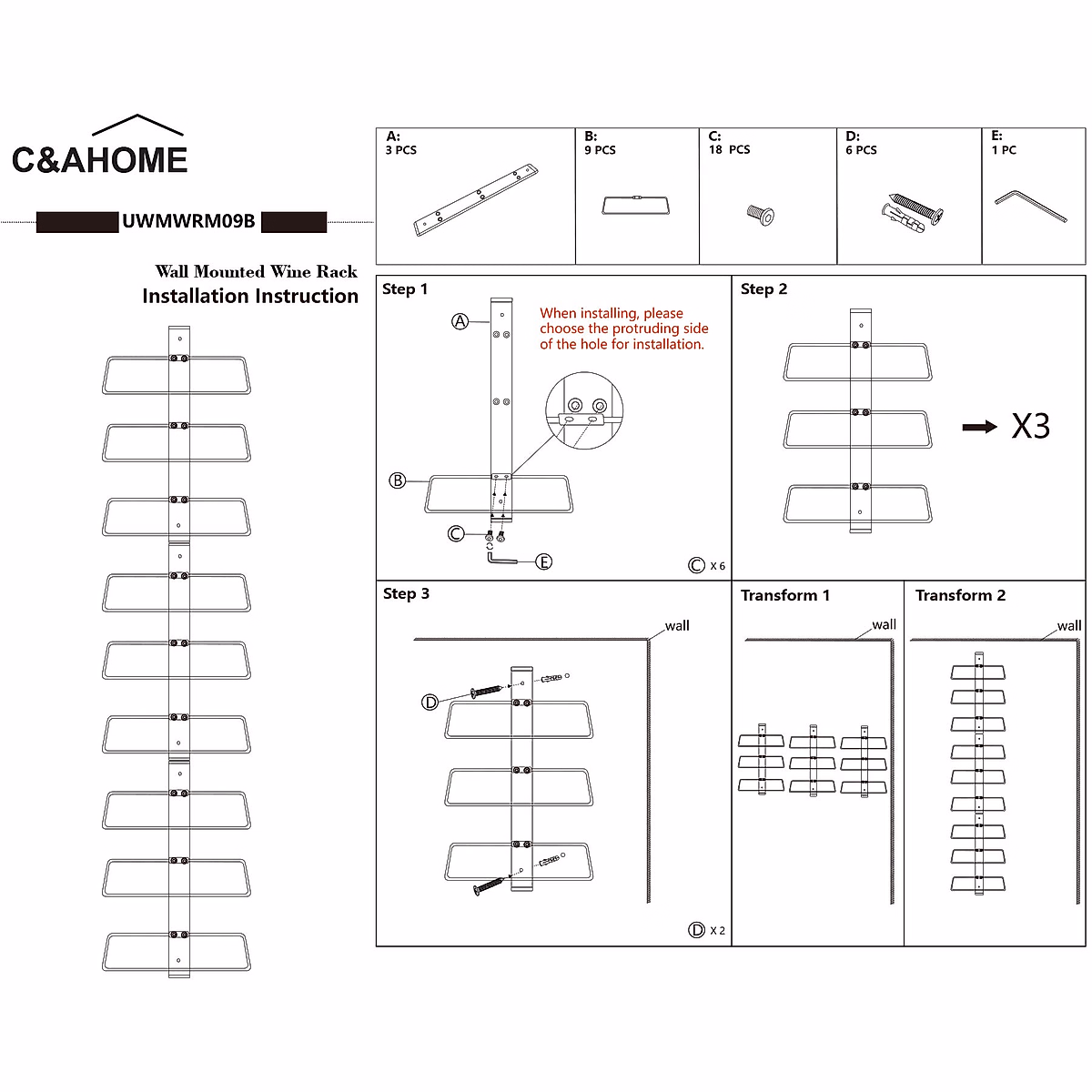 C&AHOME Wall Mounted Wine Rack, 9 Bottle Wall Mounted Wine Rack, Adjustable and Separable Metal Hanging Wine Bottle Holder, Freely Wall Wine Rack for Kitchen Pantry Bar Wine (1)