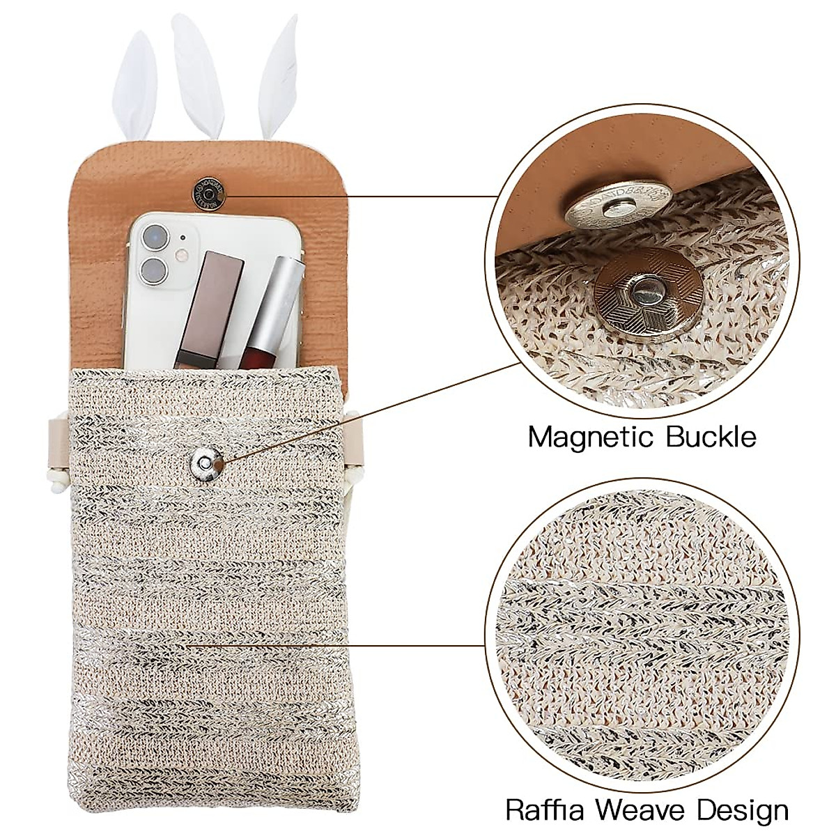 Soleebee Boho One Shoulder Crossbody Phone Bag Small Shoulder Bag Mini Wallet for Women Storage Bag Woven Leather Trim Phone Bag Compatible with Multiple Phone Sizes, Feather