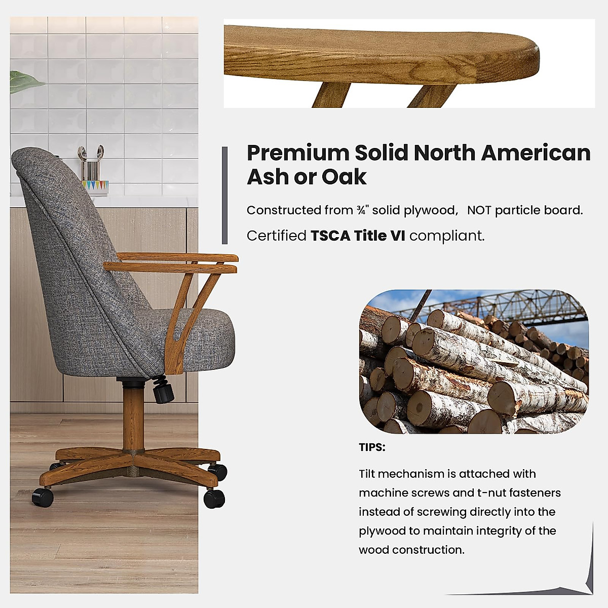 Chromcraft Set of 4 Caster Swivel Tilt Dining Chairs, Luxe Casual Wooden Arm All-Metal Pedestal Base Chairs with Rolling Wheels for Kitchen(Fonzo Marble-Chestnut Oak)