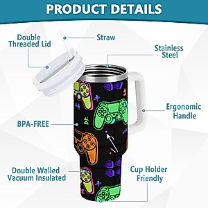 ODAWA 40oz Fall Insulated Tumbler with Straw and Handle, Game Controllers Black Spill Proof Tumbler with Straw Insulated Vacuum Tumbler