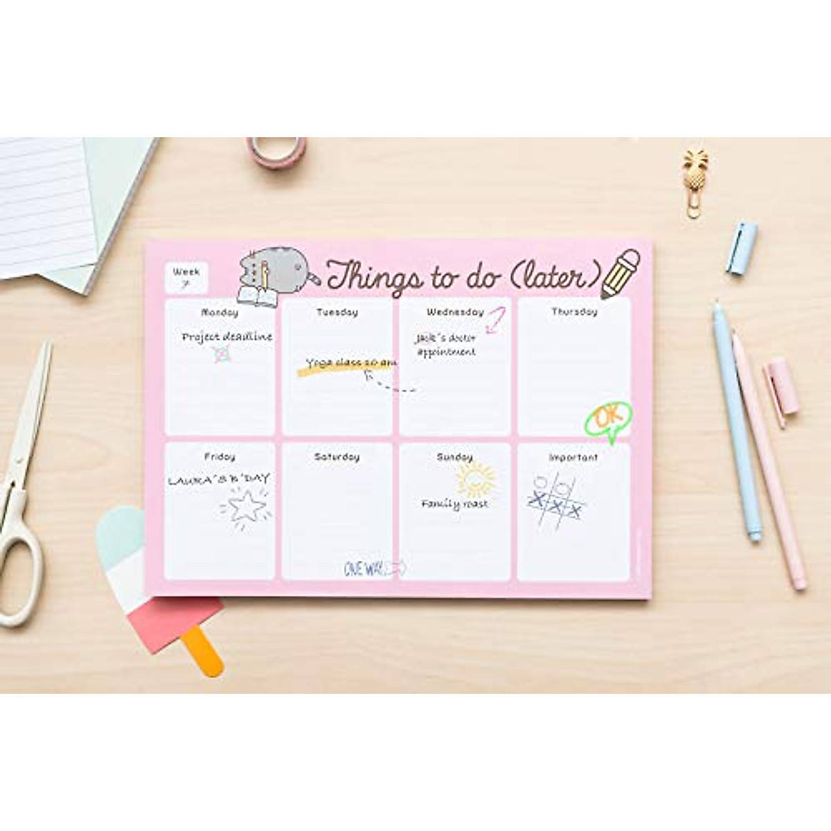 Pusheen Desk Pad A4 with Daily, Weekly and Monthly Calendar, Desktop Planner, Desktop Note Pad, 54 Undated Tear Off Sheets, 8.3 x 11.7 inches, To Do List - Kawaii Stationery