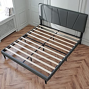 IYEE NATURE Full Size Platform Bed Frame with Headboard and Wood Slat Support, Full Bed for Large Storage Space/Mattress Foundation/No Box Spring Needed/Easy Assembly, Grey