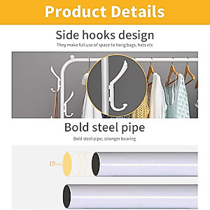 UDEAR Garment Rack Free-standing Clothes Rack with Top Rod,Lower Storage and 6 Hooks, White