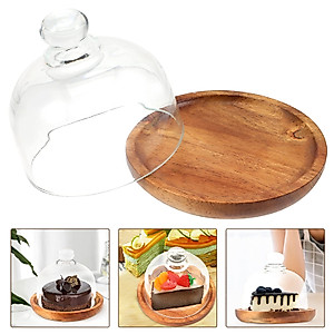 OUNONA Glass Cake Pan Cake Cover Wood Cake Stand with Dome Glass Cake Dome Cover Cheese Cloche Dome Glass Flower Cover Glass Cake Stand Dessert Display Cover Wooden Paper Cup Bracket