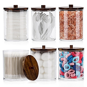 Tbestmax 6 Pack Qtip Holder - Clear Cotton Ball Cotton Swab Holder for Restroom Bathroom Organizers and Storage Containers, Plastic Apothecary Jars with Wood Lids
