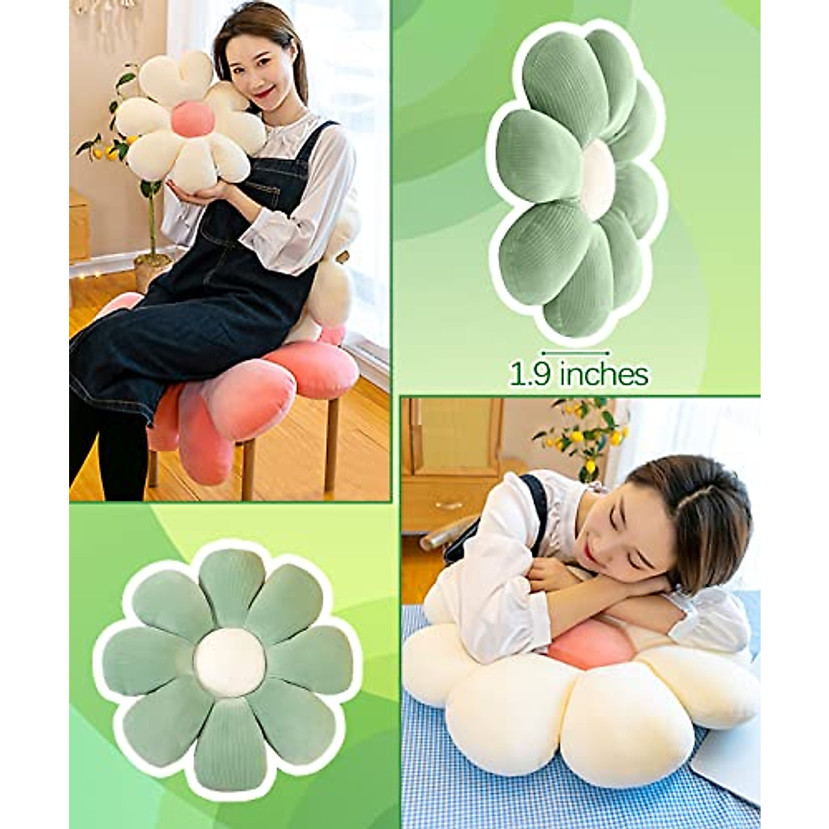 LRKOAYJGO Flower Pillow, Flower-Shaped Throw Pillow Butt Seating Cushion Flower Floor Pillow, Cute Decorative Plush Pillow for Chair Bed Sofa (Green, 14.9"