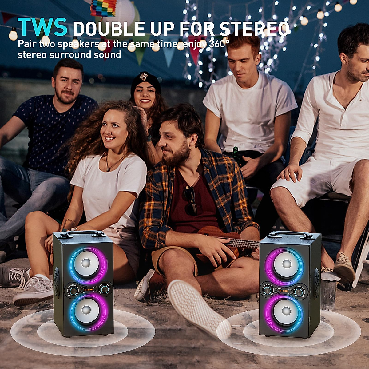 TPyesss Bluetooth Speakers, 80W(Peak) Wireless TWS Portable Bluetooth Speaker, Beat-Driven Lights, 100dB Loud Stereo Speaker with BassUp, Speakers with Subwoofer for Outdoor, Party, Camping