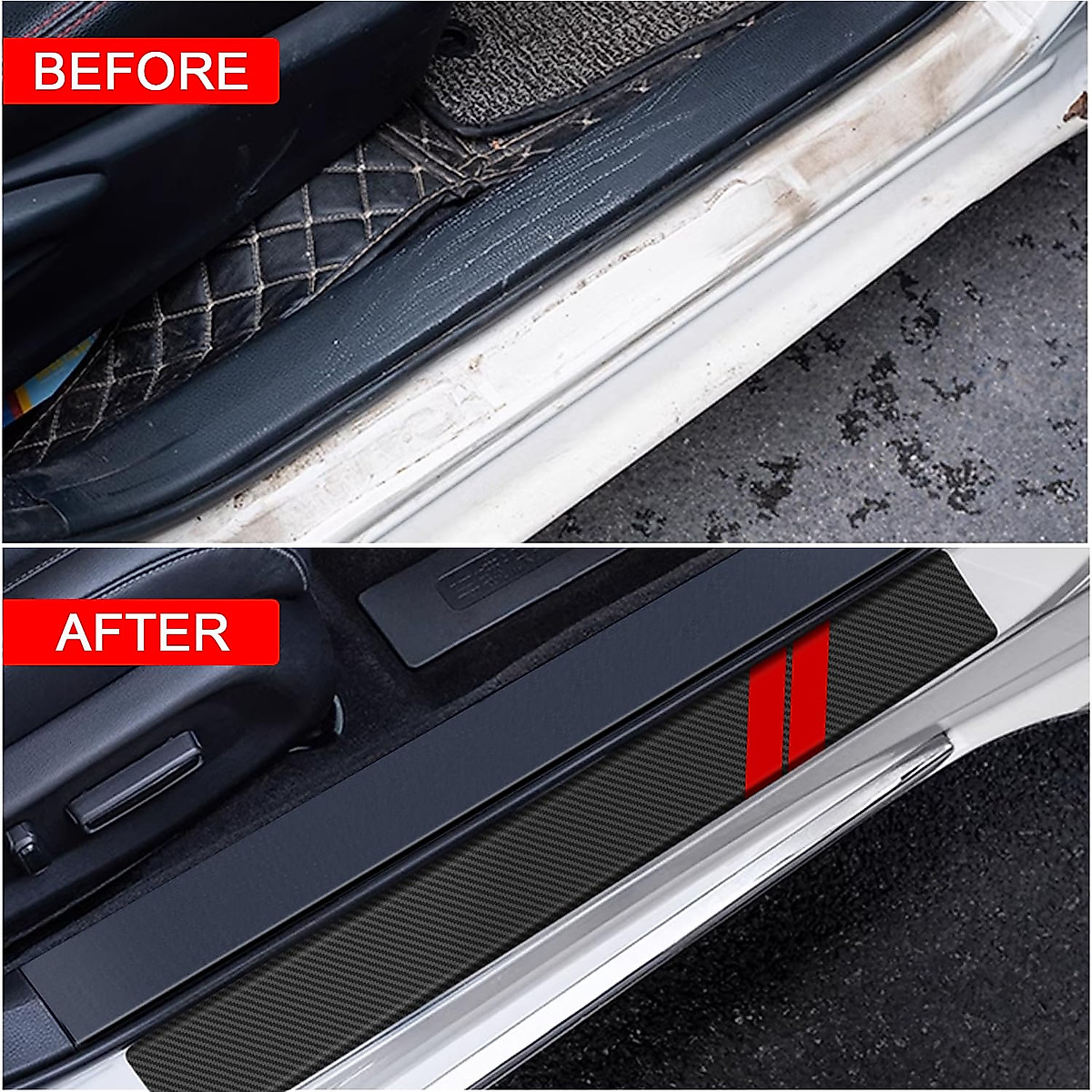 REMOCH Door Sill Protector for Dodge Charger Challenger Durango Accessories Car Door Entry Guard Sill Protector with Plastic Scraper Carbon Fiber Leather Threshold Stickers（Red, 4PCS）