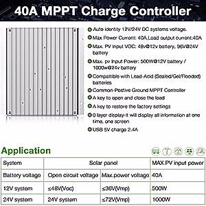 OOYCYOO MPPT Charge Controller 60 amp 12V/24V Auto, 60A Solar Panel Charge Regulator with Blacklight LCD Display Max 100V for Lead-Acid Sealed Gel AGM Flooded Lithium Battery