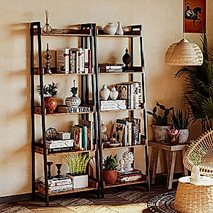 IRONCK Industrial Bookshelves 5-Tier Ladder Shelf, Storage Shelves Rack Shelf Unit, Wood Look Accent Furniture Metal Frame for Home Office, Bathroom, Living Room