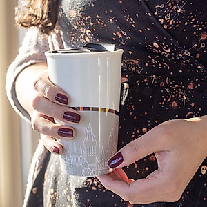 Seven20 Harry Potter Hogwarts Travel Coffee Mug, 14oz - Insulated, Ceramic Cup with Lid - Gold and Gray Hogwarts Design - Gift for Teens and Adults