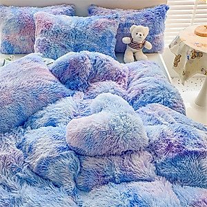 IHOUSTRIY Blue Queen Duvet Cover Set Rainbow Tie Dye Fluffy Girls Bedding Set Queen Size Plush Shaggy Furry Comforter Cover Set for Bedroom Decor (1 Duvet Cover, 2 Pillowcases)