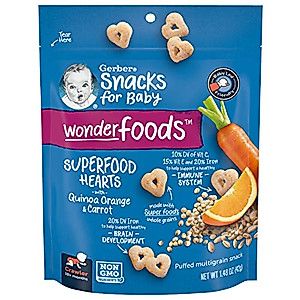 Gerber Snacks for Baby Wonder Foods Superfood Hearts Puffed Multigrain Snack, 2 Flavor Variety Pack, 1.48-Ounce Resealable Pouches (Pack of 4 Pouches)