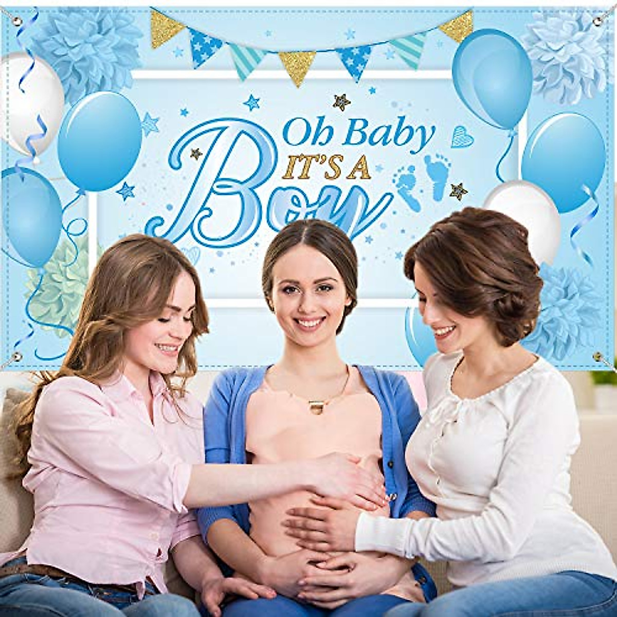Blulu Baby Shower Party Backdrop Decorations, Large Durable Fabric Made Baby Shower Banner Backdrop Photo Booth Background for Boy's or Girl's Baby Shower Party Supplies (Boy Style)