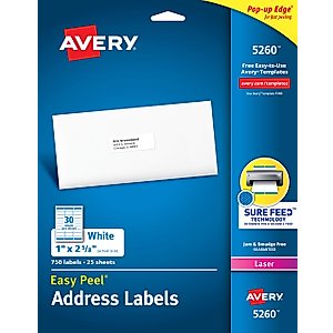 Avery Easy Peel Address Labels for Laser Printers, 1 Inch x 2.625 Inch, White, Pack of 750 (5260)
